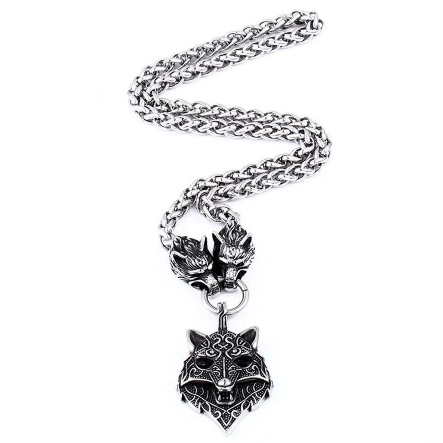 Large Viking Fenrir Wolf Necklace Stainless Steel Geri Freki Wolves ...