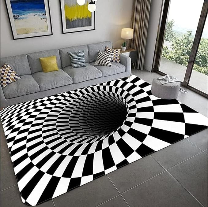 Large Vortex Illusion Rug Black And White Checkerboard Optical Trippy ...