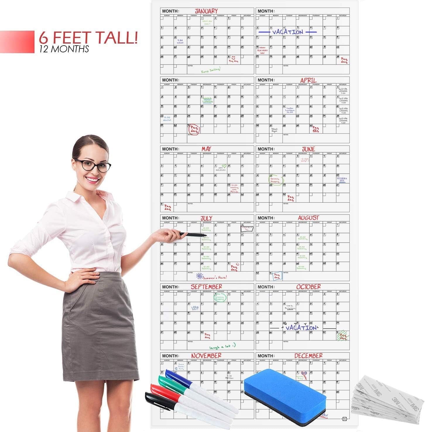 Large Wall Calendar 36" X 75" Yearly Dry Erase Reusable Wall Planner ...