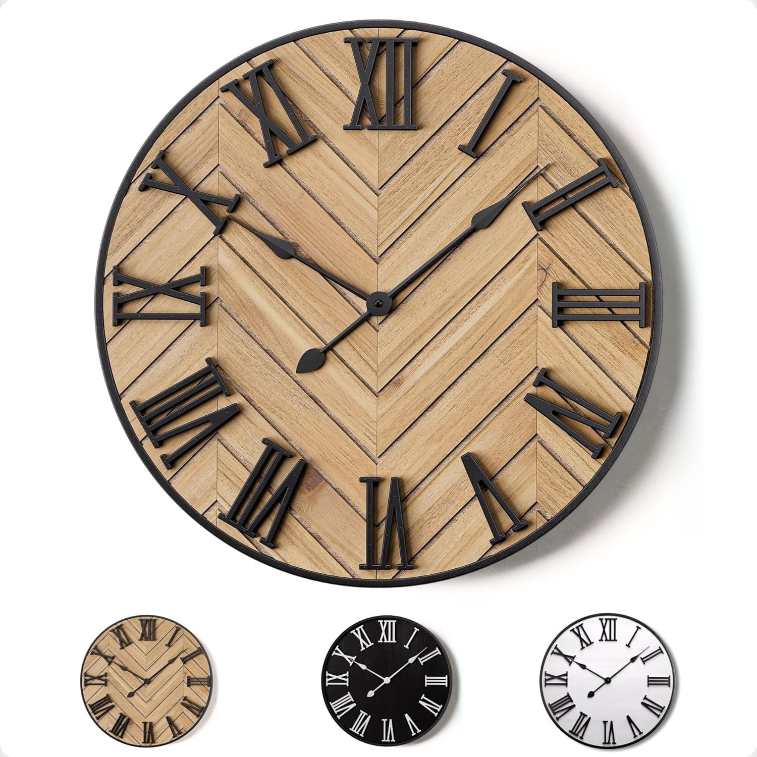Large Wall Clock 16" Round - Silent Metal & Wood Large Clock ...