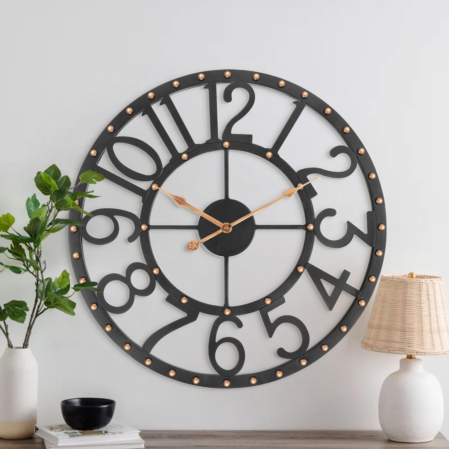 Large Wall Clock, 24 Inch Black Industrial Decor Wall Clock, Silent Non ...