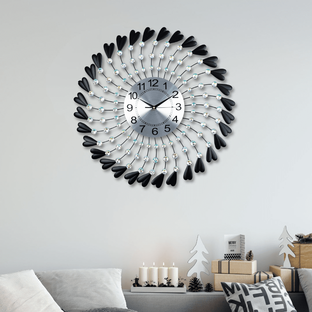 Large Wall Clock Black Round String of Hearts with Crystals, Black ...
