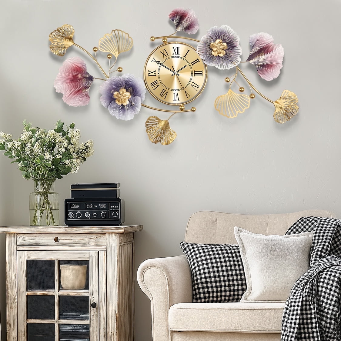 Large Wall Clock Decorative – Silent Modern Wall Clock with 3D Ginkgo Leaf Metal Design, Battery ...