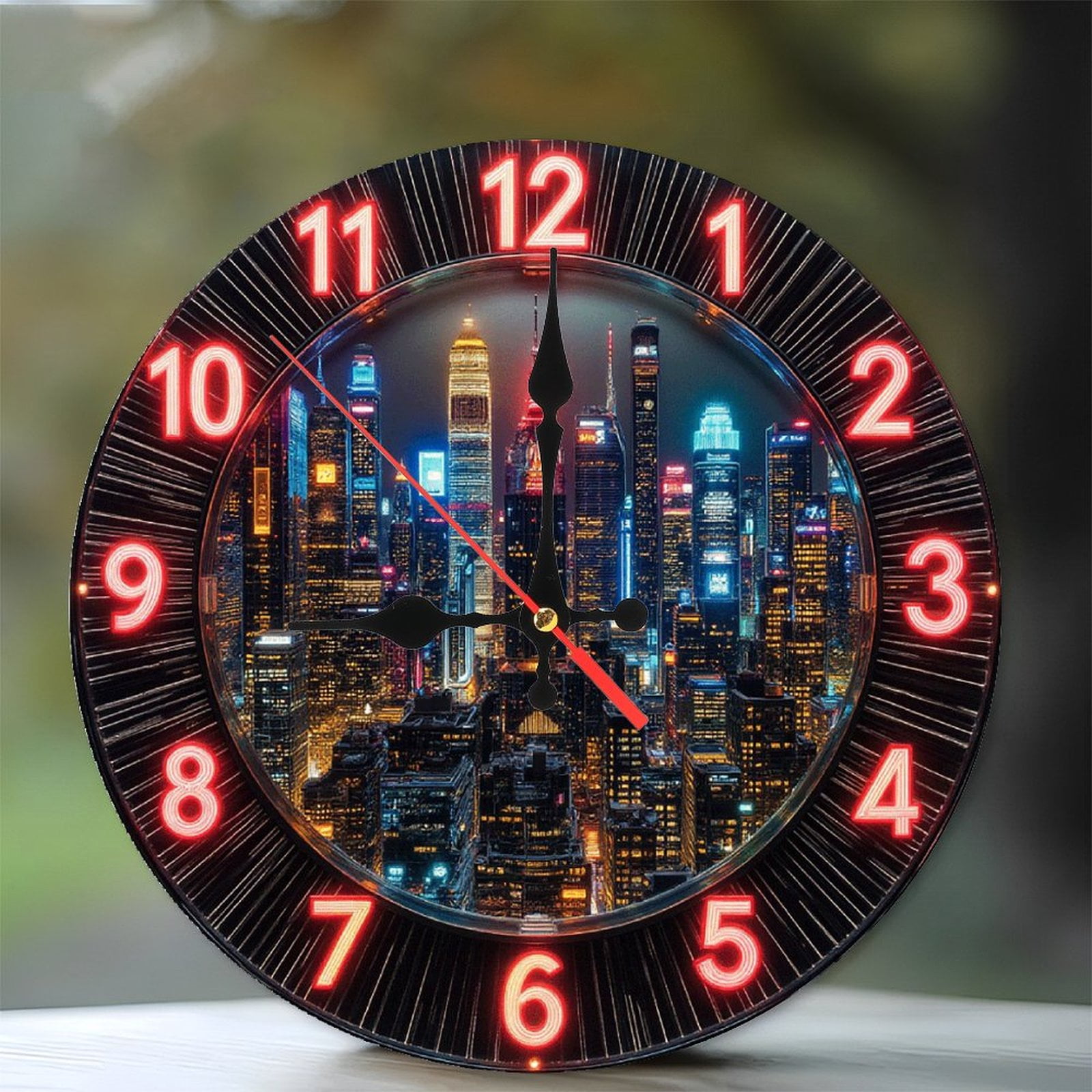Large Wall Clock with LED Lights And City Skyline Design 10-Inch Silent ...