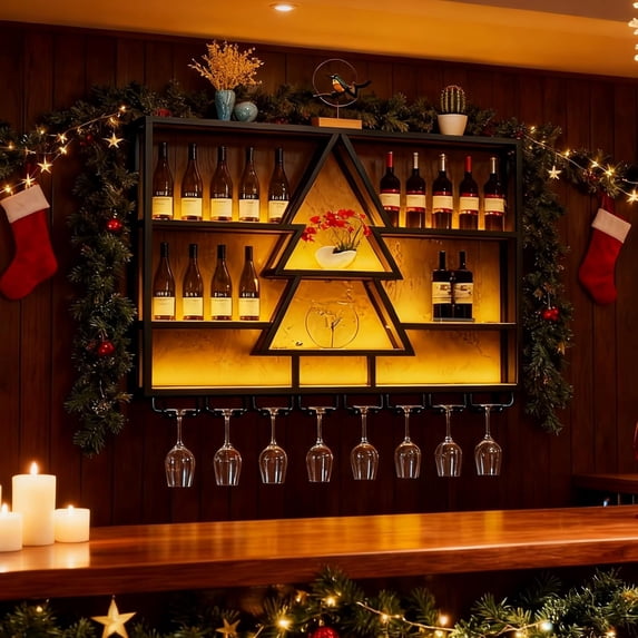 Large Wall Mounted 4-Tier Wine Rack with LED Light and Glass Holder ...