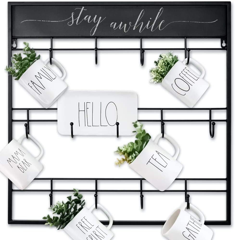 Large Wall Mounted Mug Rack (23"/Black) 3 Rows Coffee Mug Holder with ...
