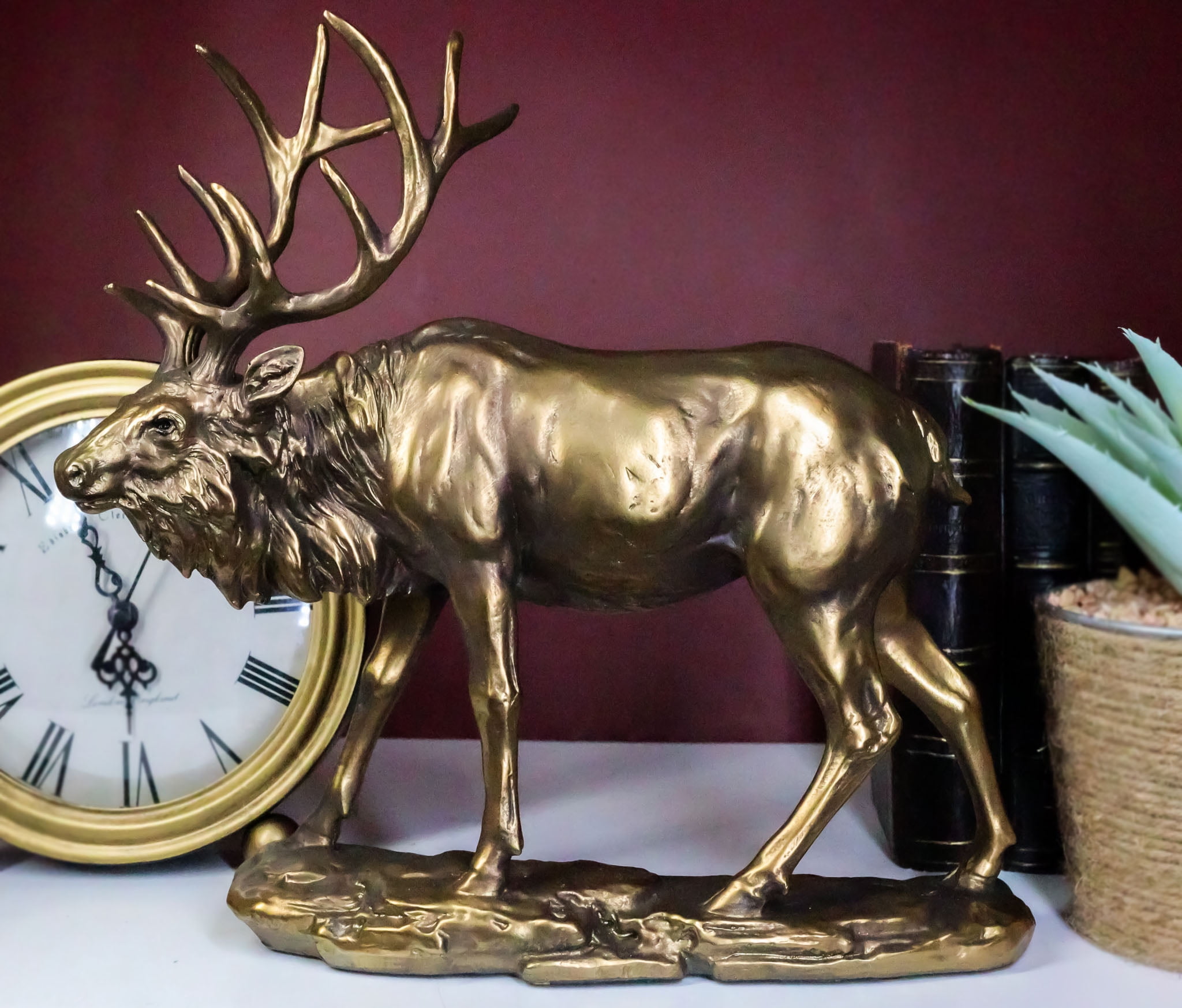 Large Wapiti Bull Elk Deer With Towering Antlers Rustic Statue In Gold ...