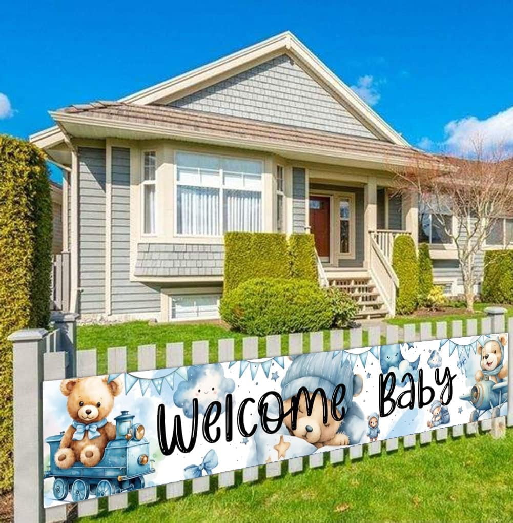 Large Welcome Baby Yard Banner Blue Baby Shower Party Sign Decorations ...