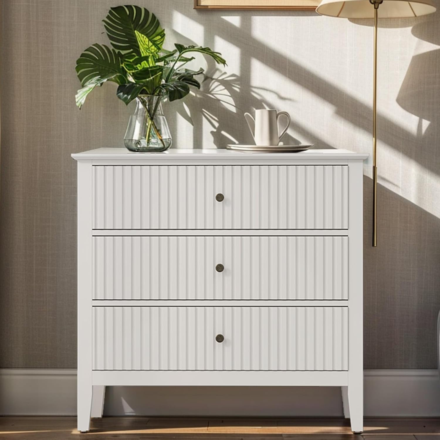 Large White 3 Drawer Dresser with Fluted Panel, Wood Accent Nightstand ...