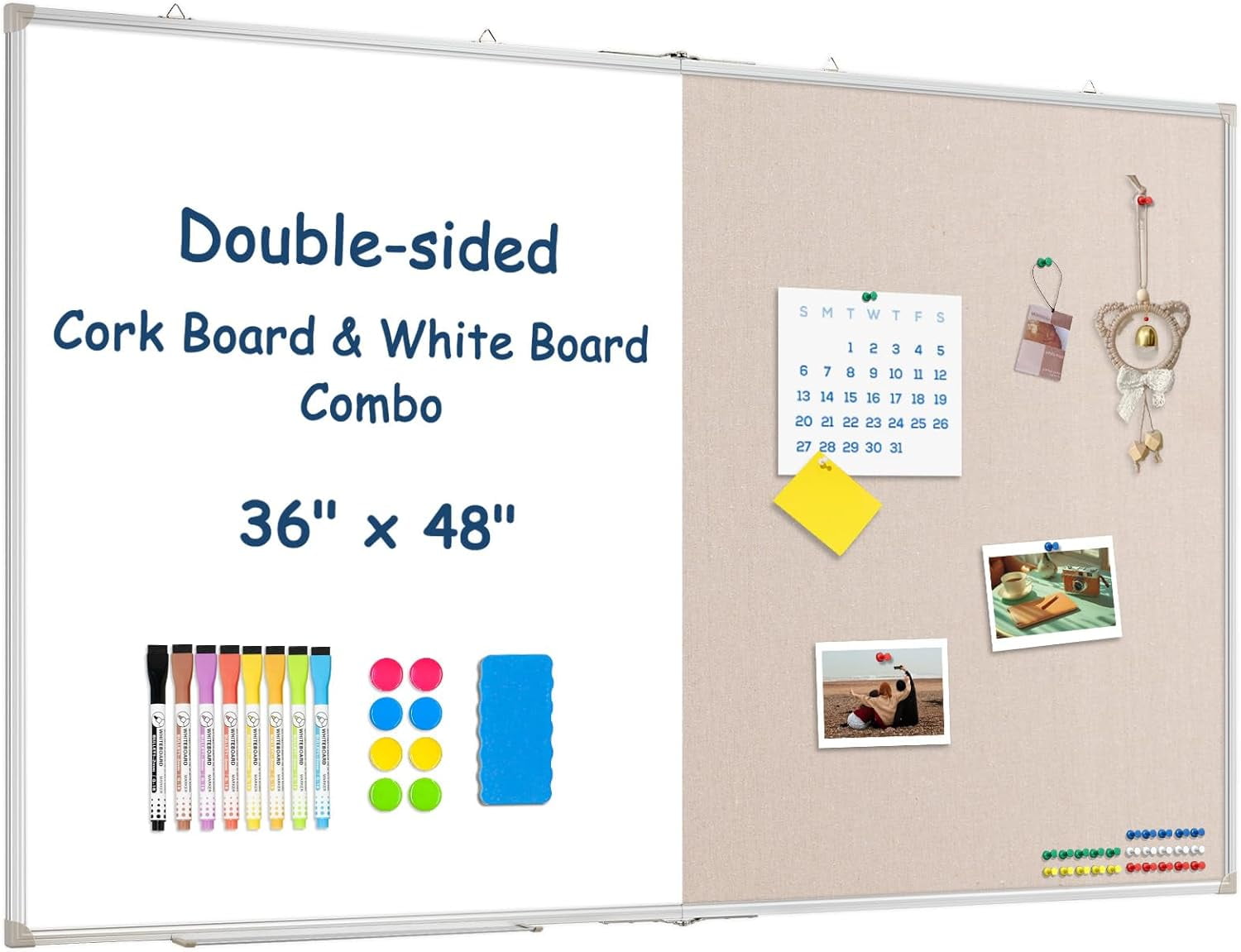 Large White Board Dry Erase Foldable Bulletin Board Combo, 48" x 36 ...