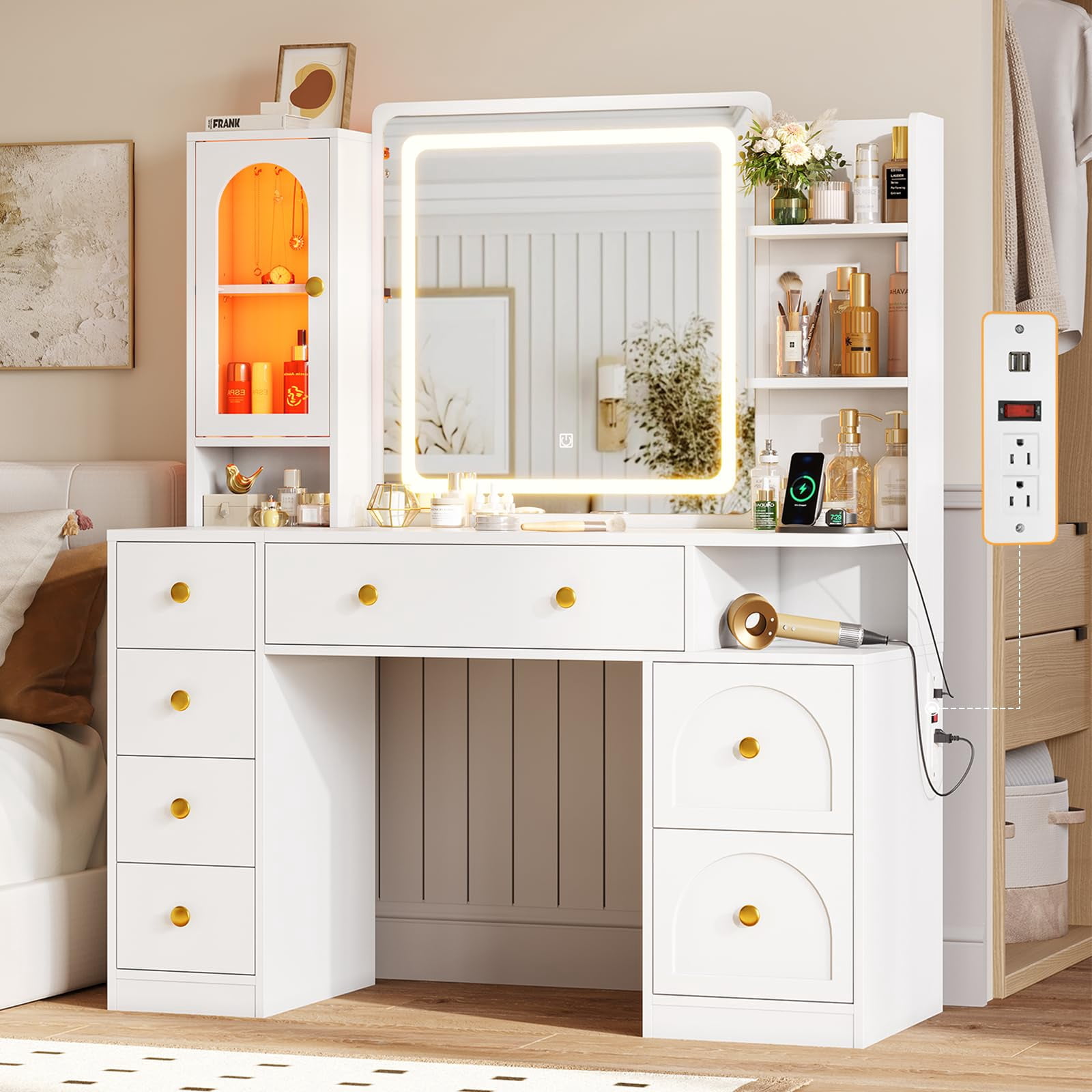 Large White Makeup Vanity Desk with LED Mirror, 7 Drawers Storage Unit ...