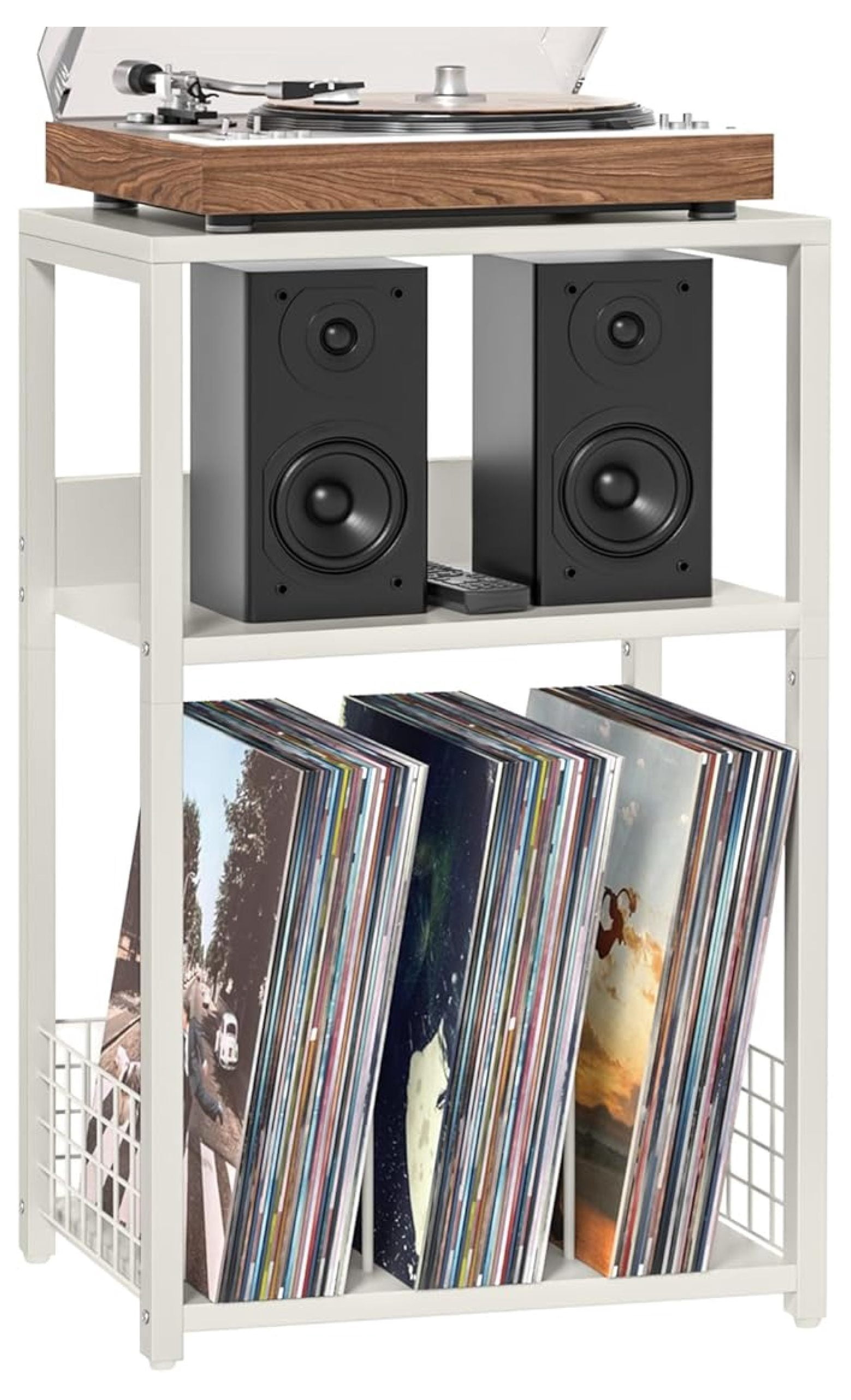 Large White Record Player Stand, 3 Tier 18" Wide Big End Table with ...