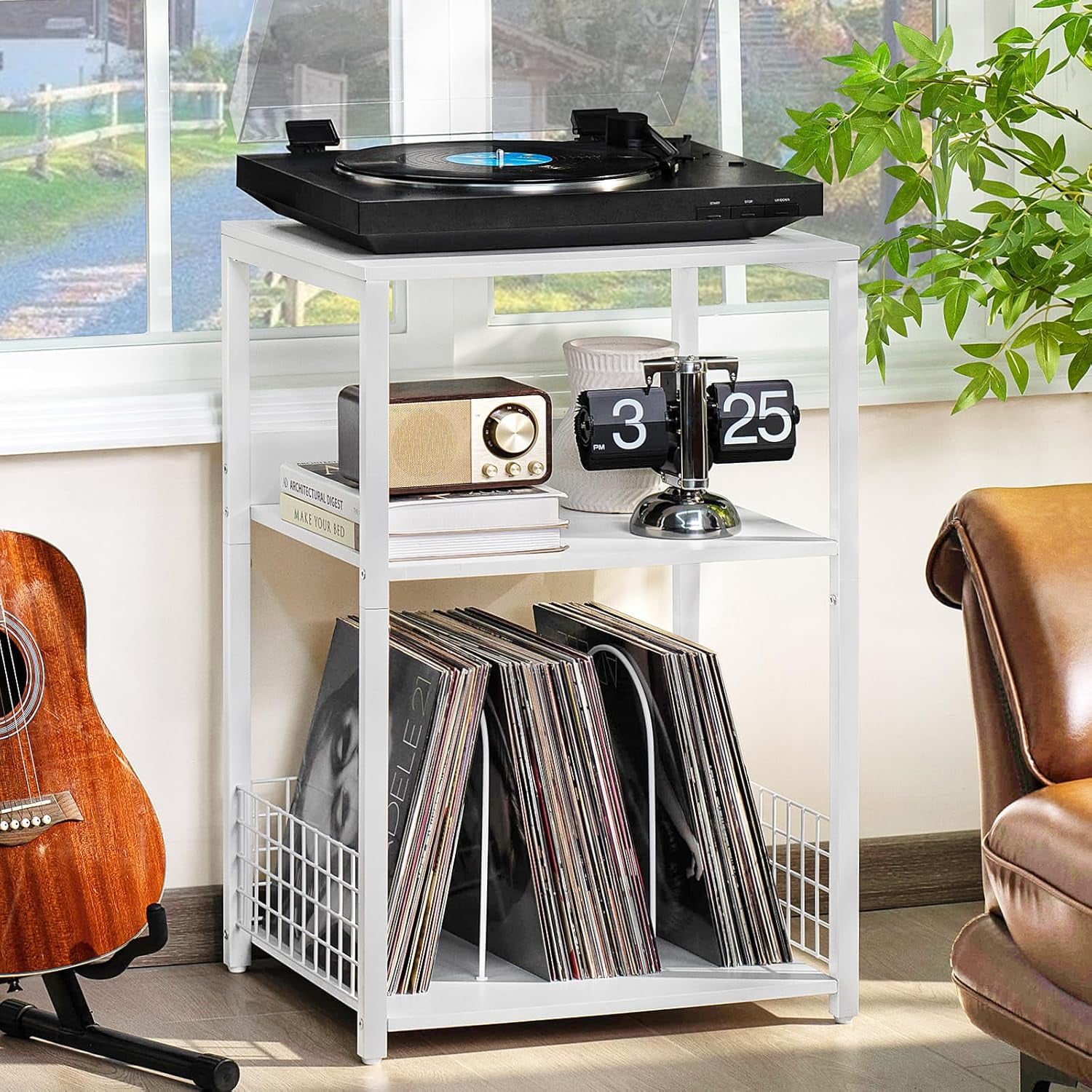Large White Record Player Stand, 3 Tier Big End Table with Vinyl ...
