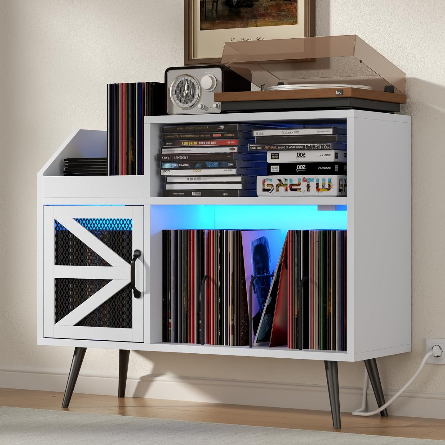 Large White Record Player Stand with Magnetic Door,350 Vinyl Record ...