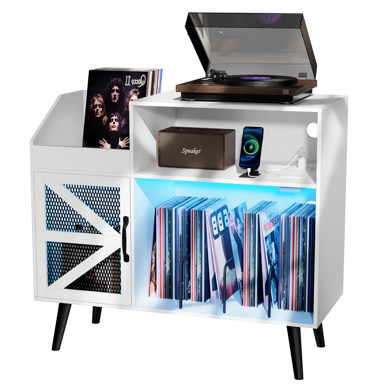 Large White Record Player Stand with Magnetic Door,350 Vinyl Record ...