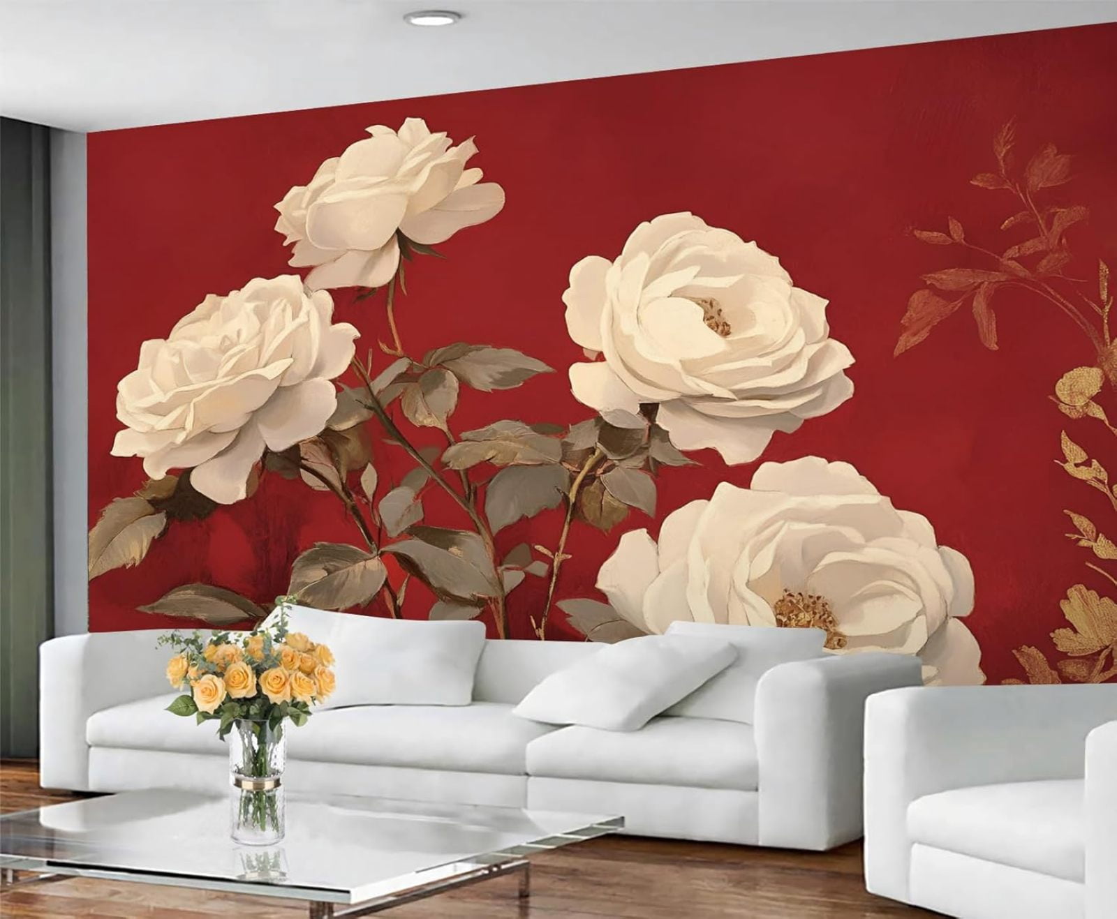 Large White Rose Wallpaper - Red White Flower Mural For Living Room ...