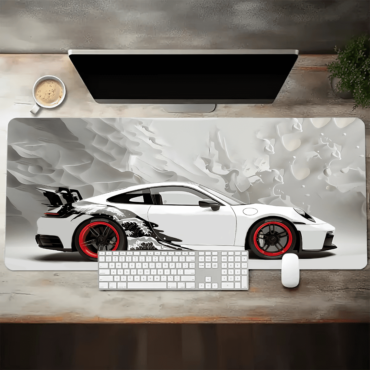 Large White Sports Car Design Gaming Mouse Pad Anti-Slip Rubber Base ...