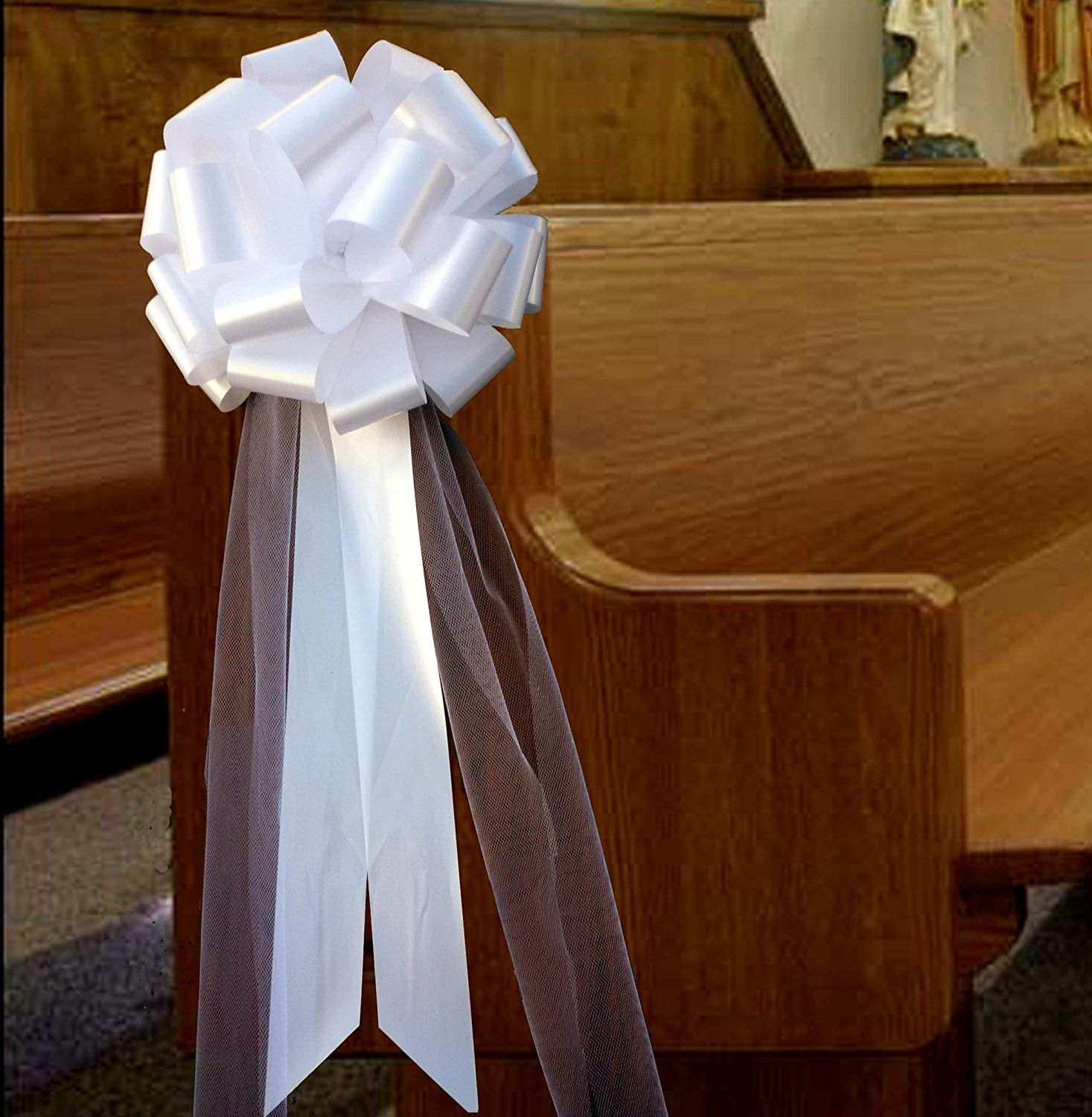 "Set of 6 Large White Wedding Pull Bows with Ribbon & Long Tulle Tails ...