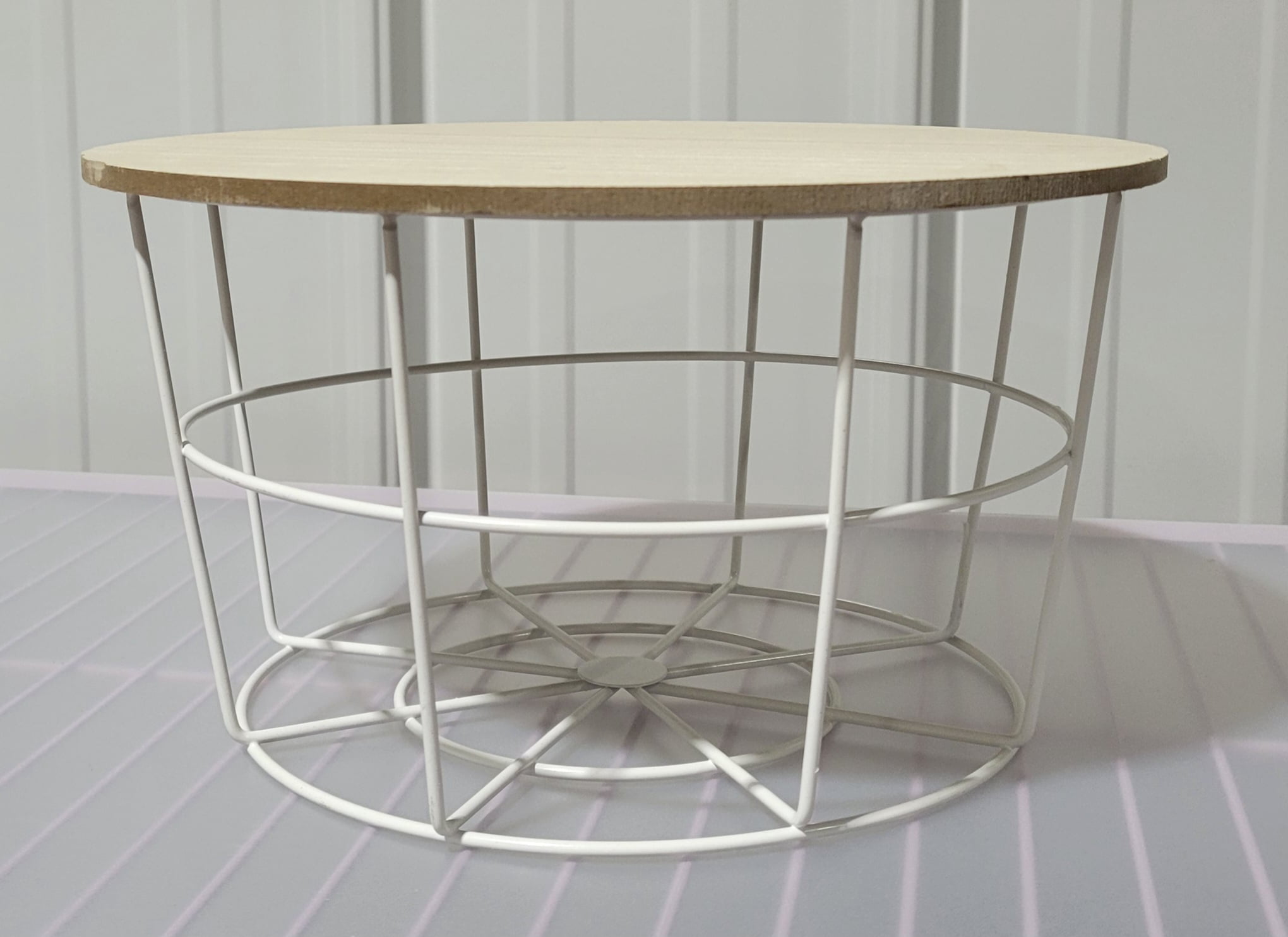 Large White Wire 11" Storage Bin Basket with Natural Finish Wood Tray ...