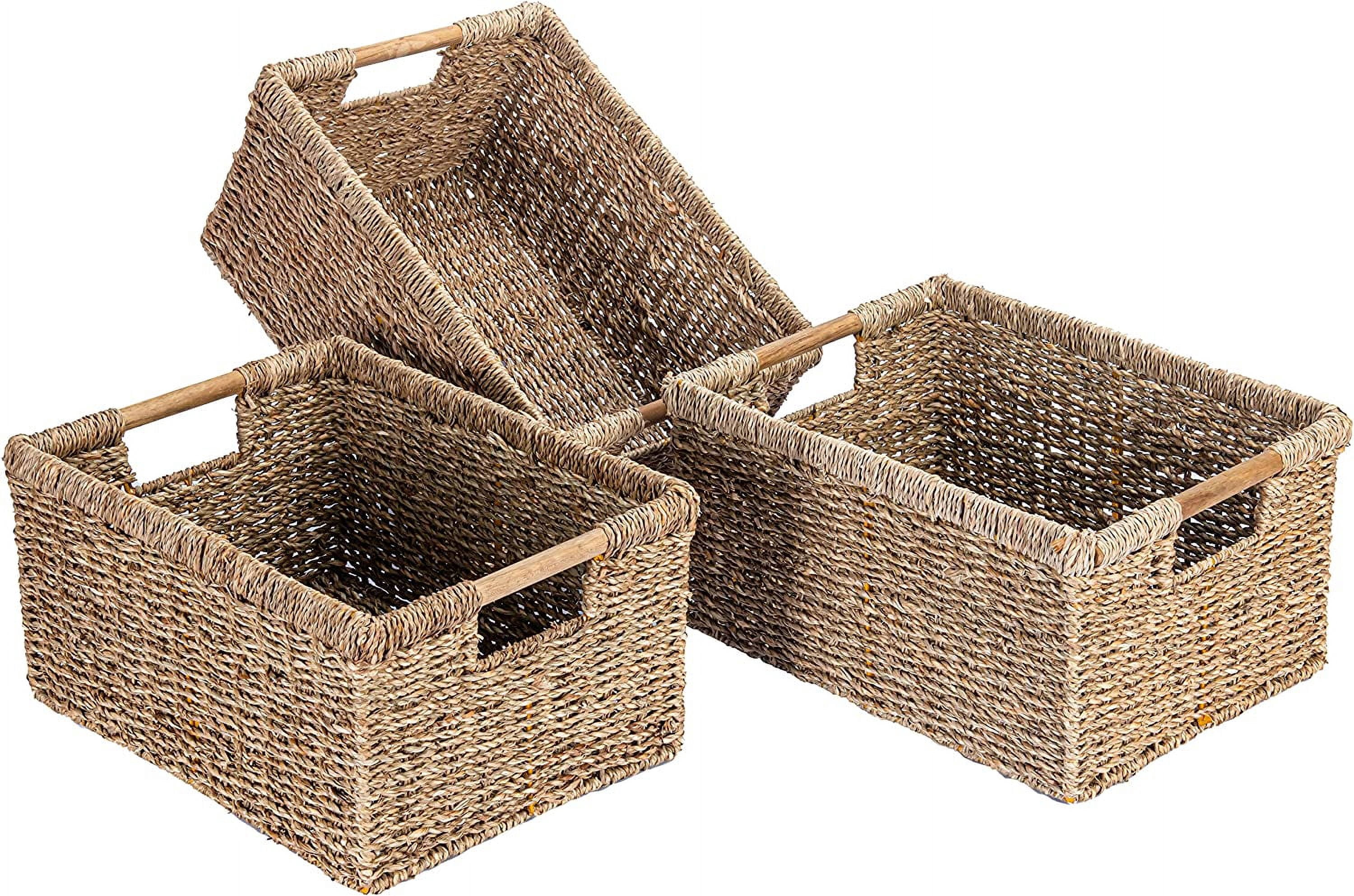 Large Wicker Basket Rectangular with Wooden Handles for Shelves ...