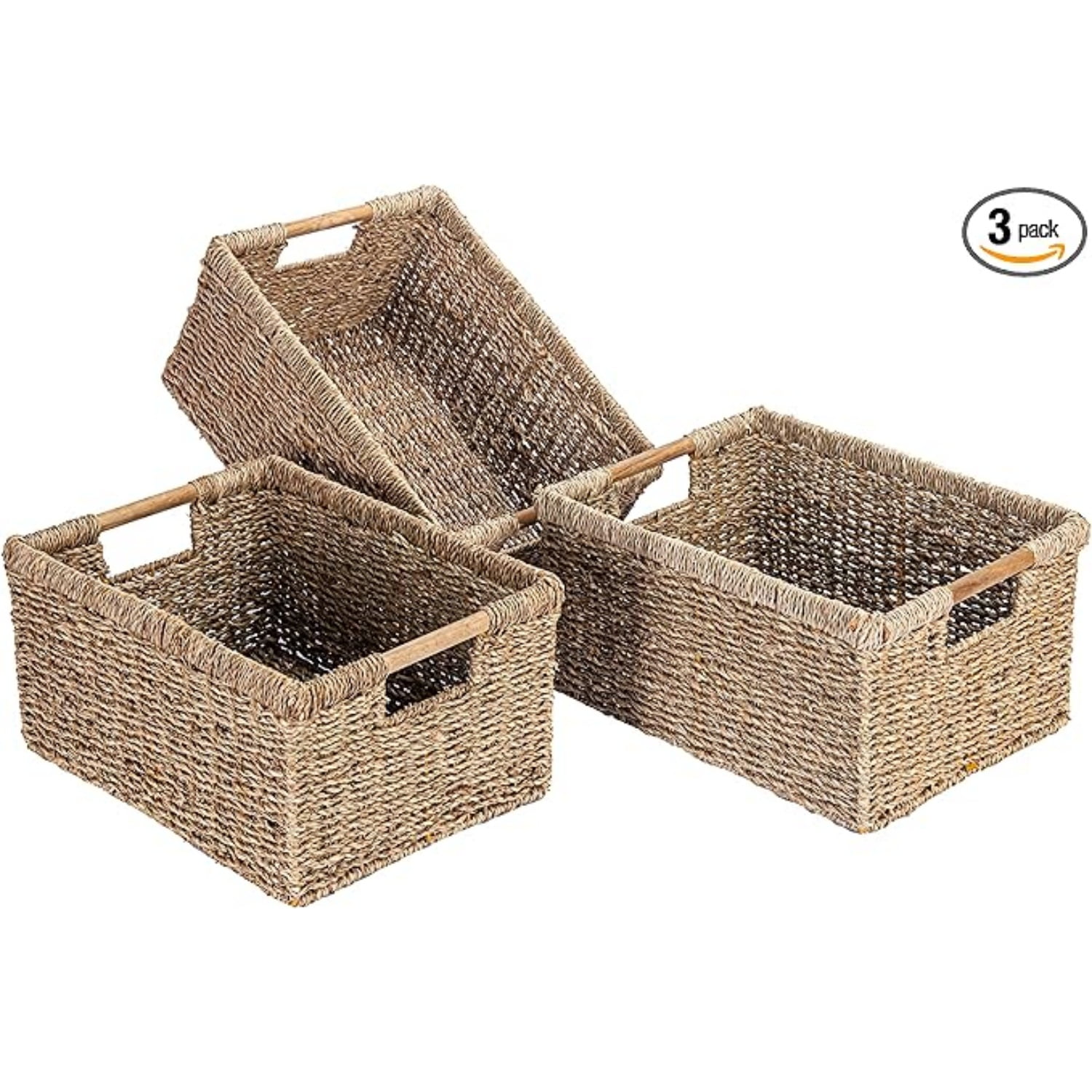 Large Wicker Basket Rectangular with Wooden Handles for Shelves ...