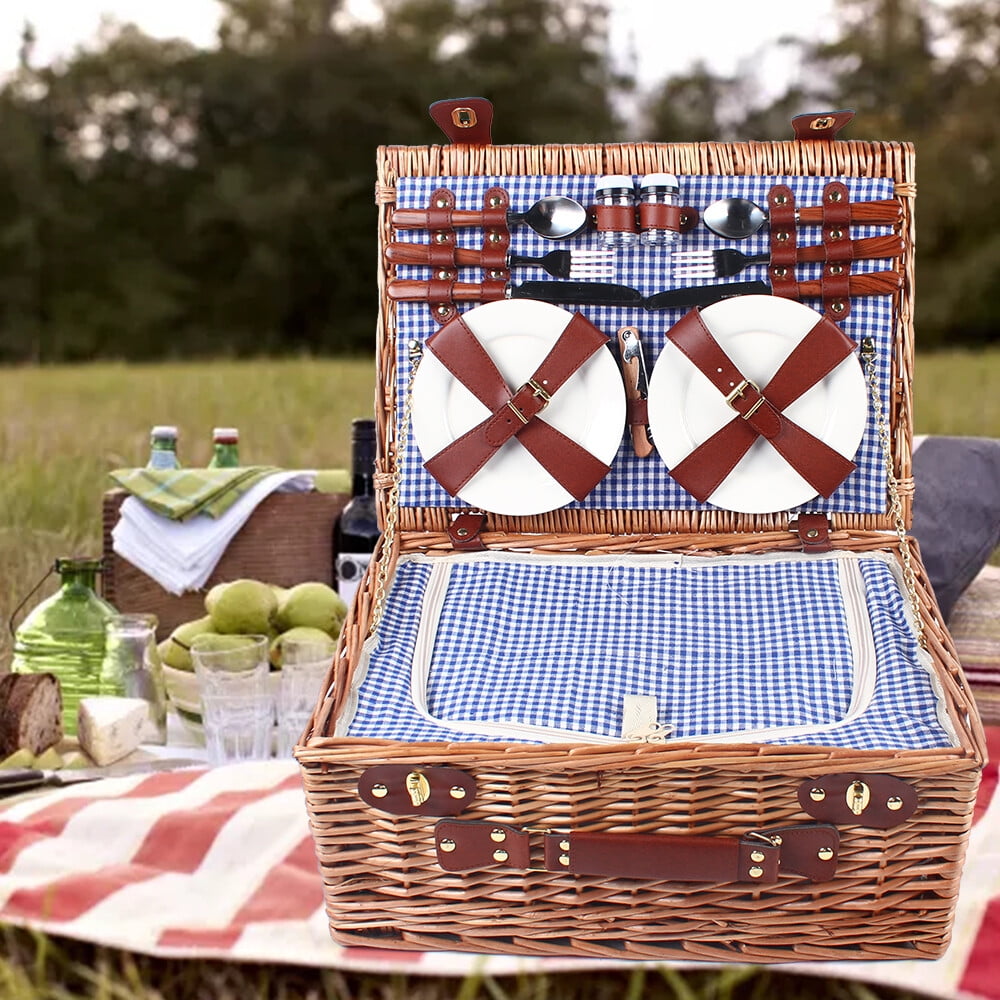 Large Wicker Picnic Basket With Cups Flatware Set Utensils Basket For 4 ...