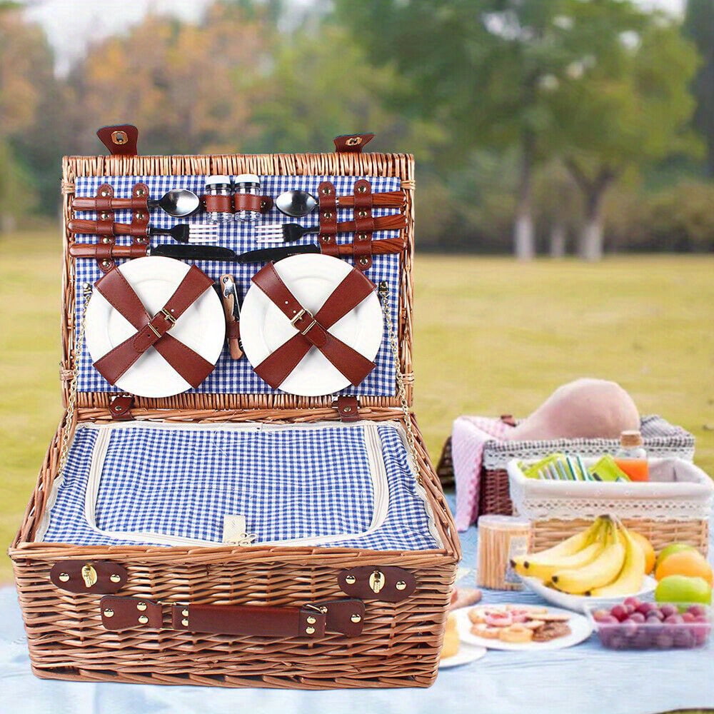 Large Wicker Picnic Basket with Cups Flatware Set Utensils Basket for 4 ...