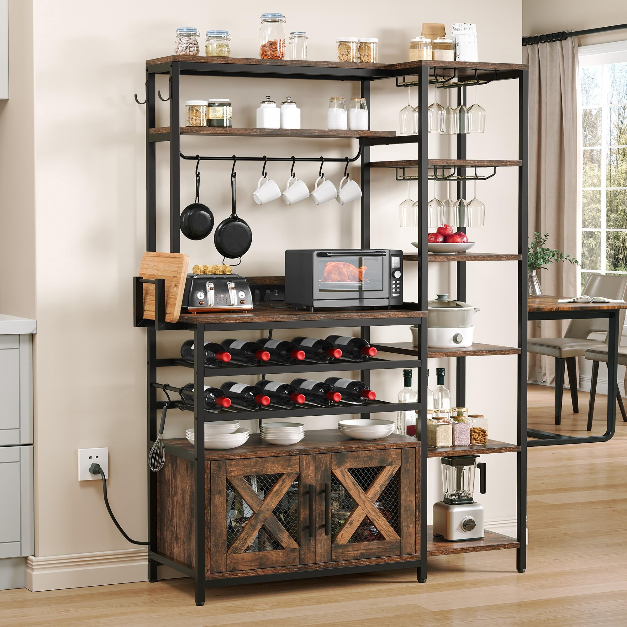 Large Wine Rack, Industrial Bakers Rack w/Power Outlet, 6-Tier L Shaped ...