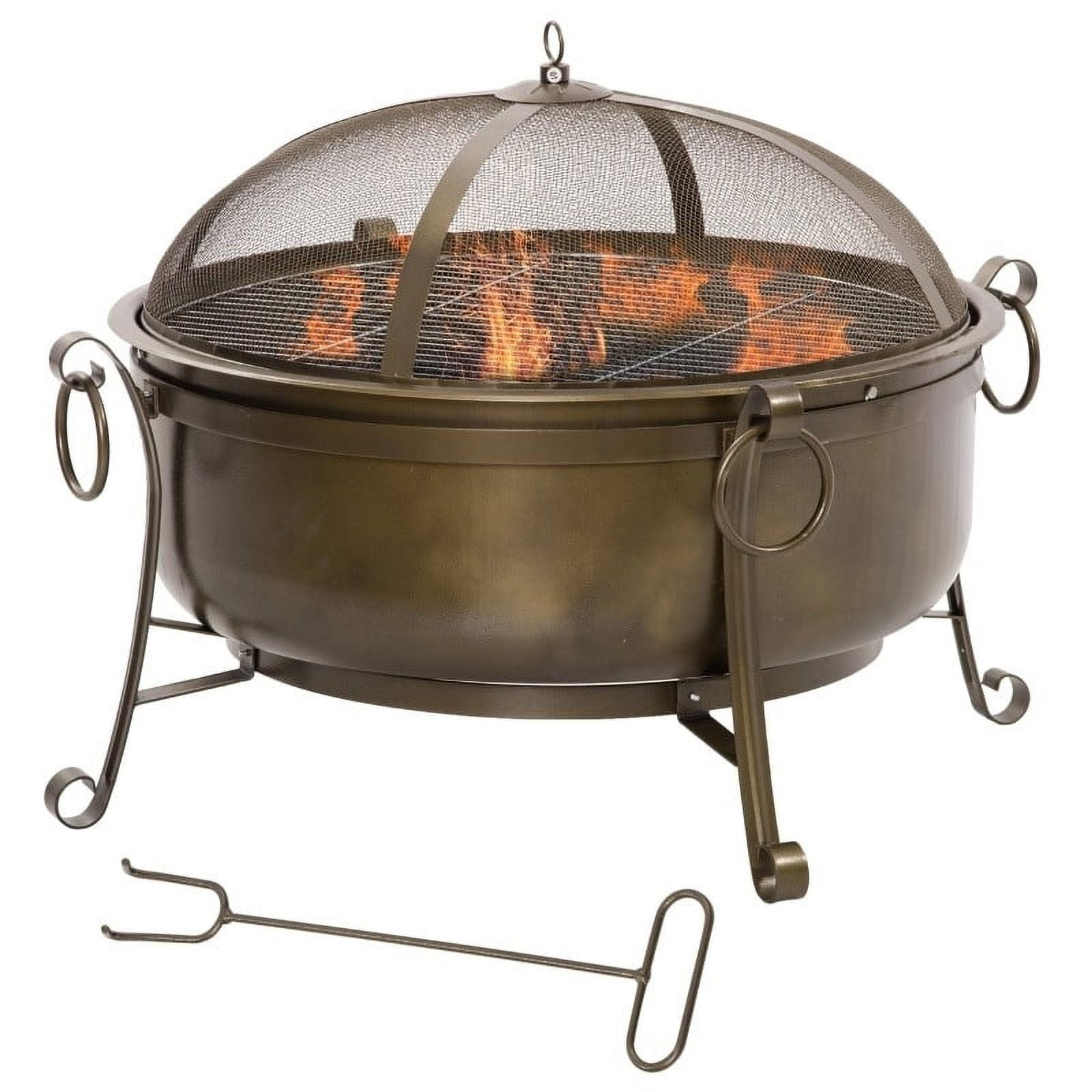 Large Wood Burning Fire Pit Cauldron Style Steel Bowl w/ BBQ Grill, Log ...