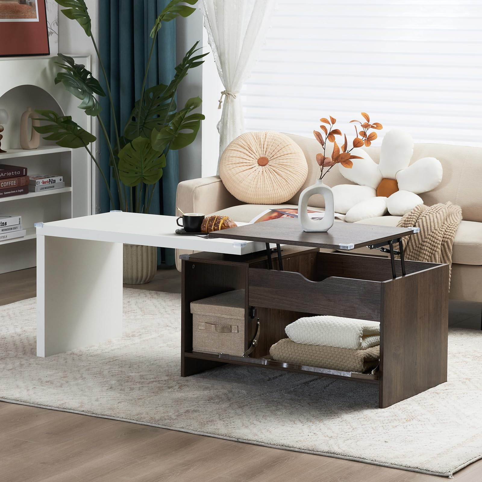 Large Wood Coffee Table with Storage, Extendable Transformer Table ...