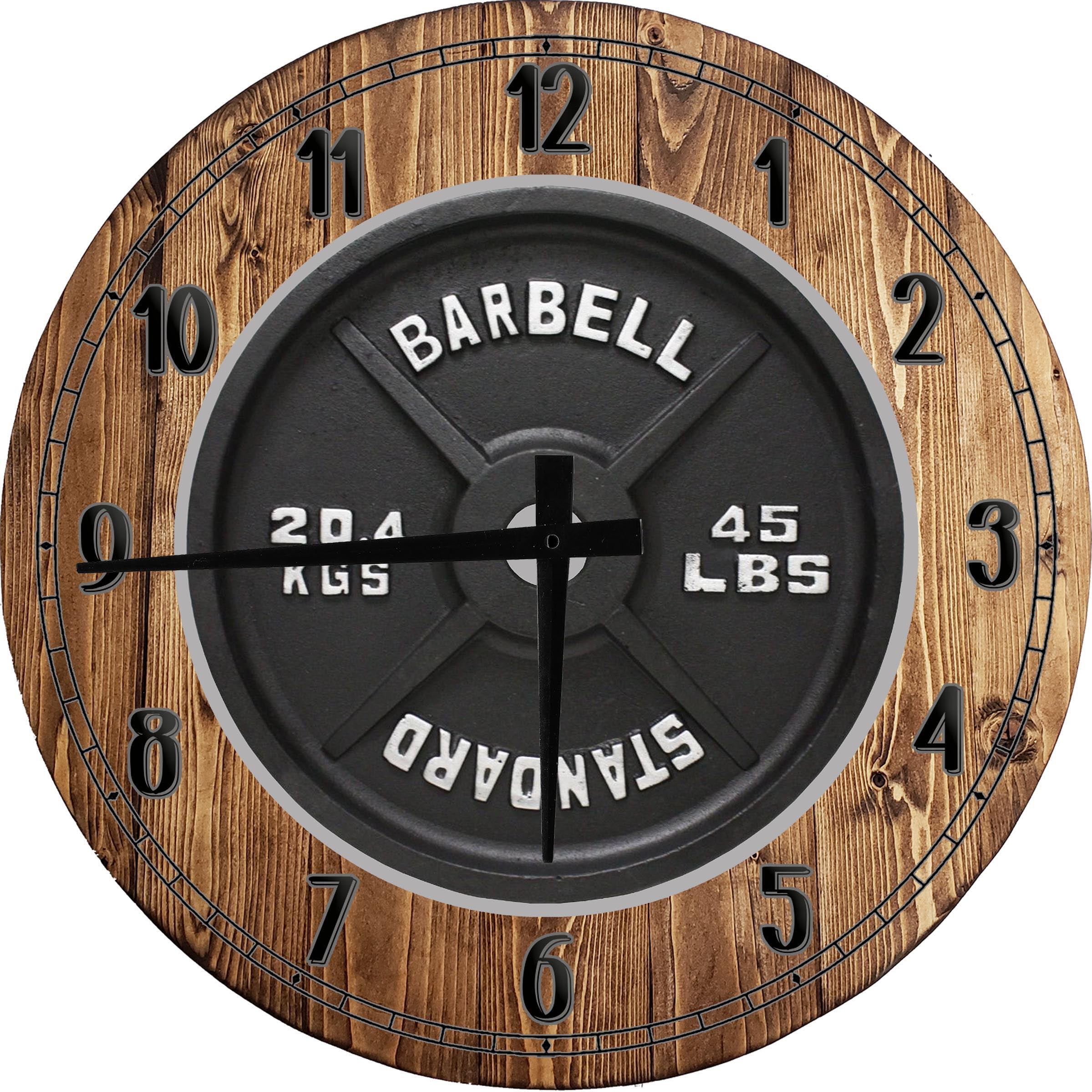 Large Wood Wall Clock 24 Inch Round Barbell 45lb Steel Plate ...