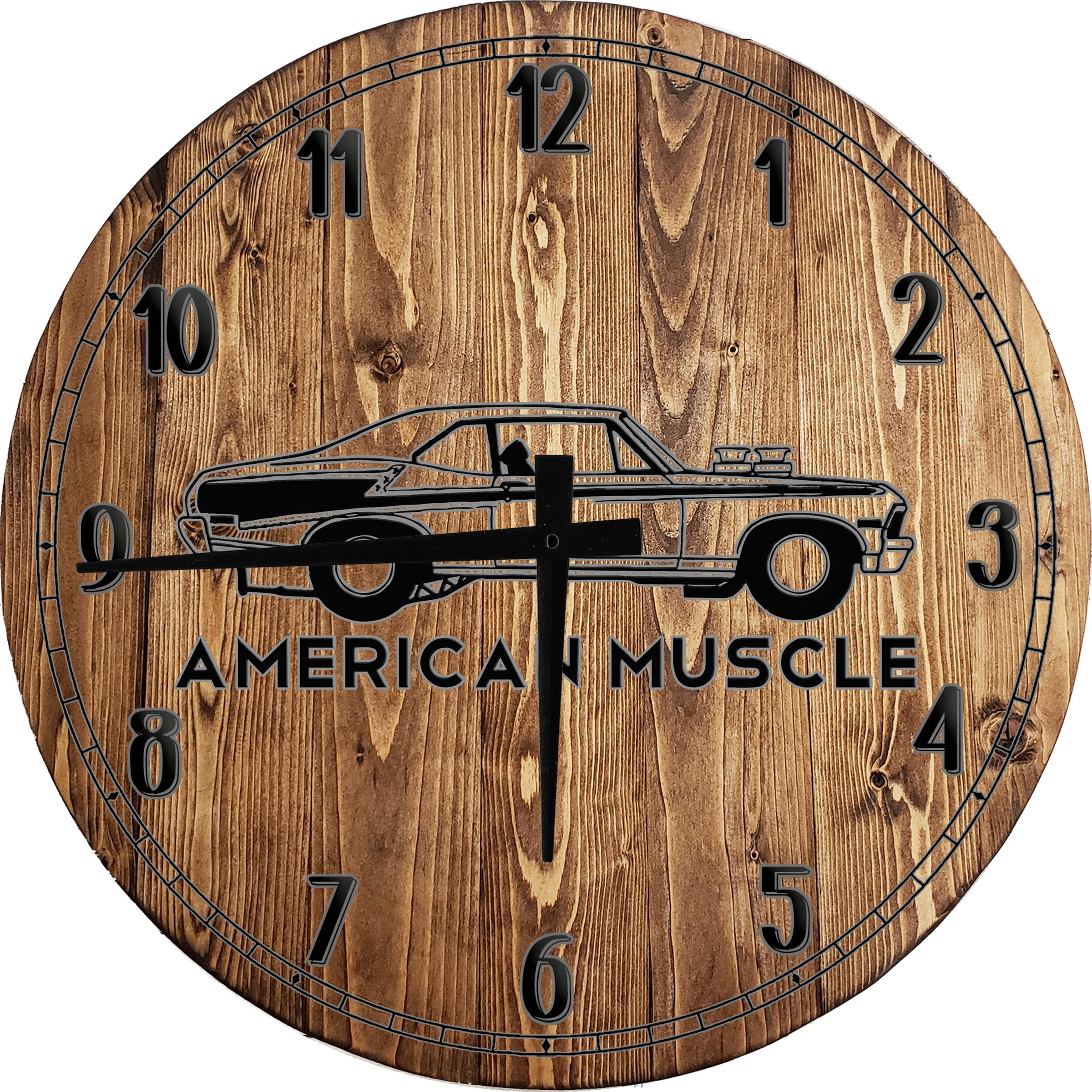 Large Wood Wall Clock 24 Inch Round Garage Wall Art American Muscle Car ...