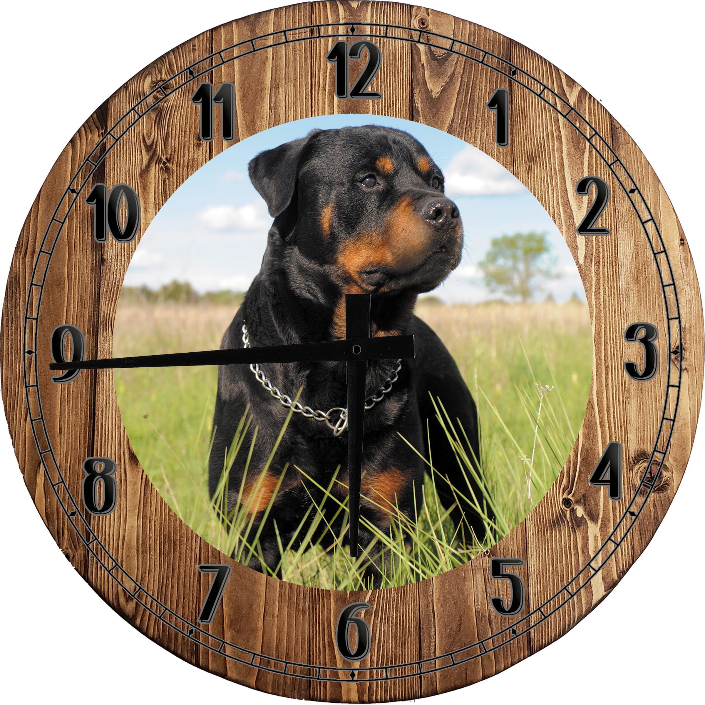 Large Wood Wall Clock 24 Inch Round Loyal Rottweiler in Field 'n Tan ...