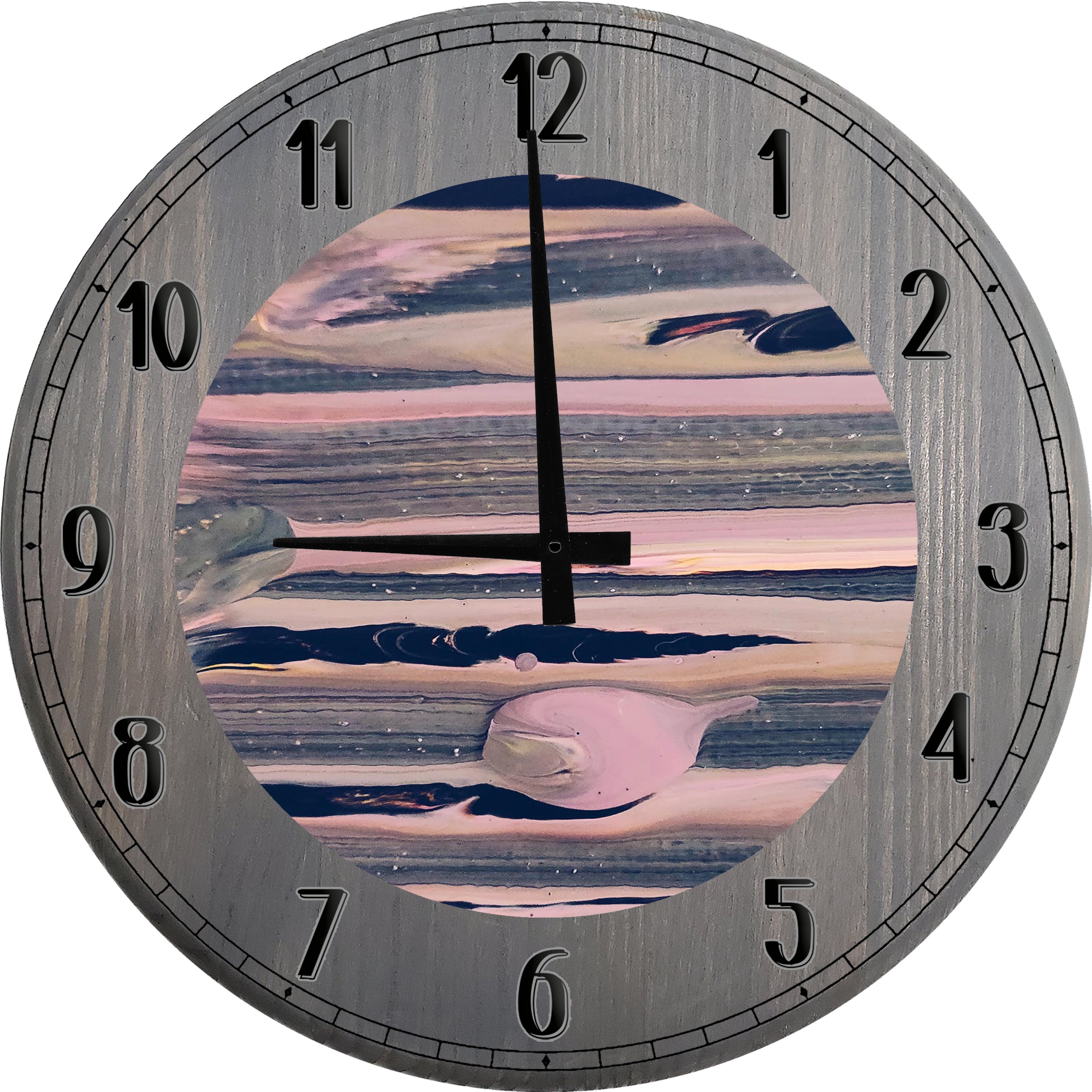 Large Wood Wall Clock 24 Inch Round Modern Wall Art Art Blue Pink Tank ...
