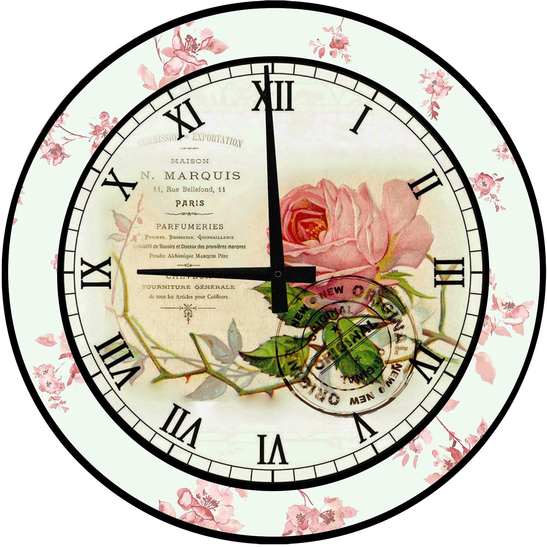 Large Wood Wall Clock 24 Inch Round Pink Rose Flowers Vintage French ...