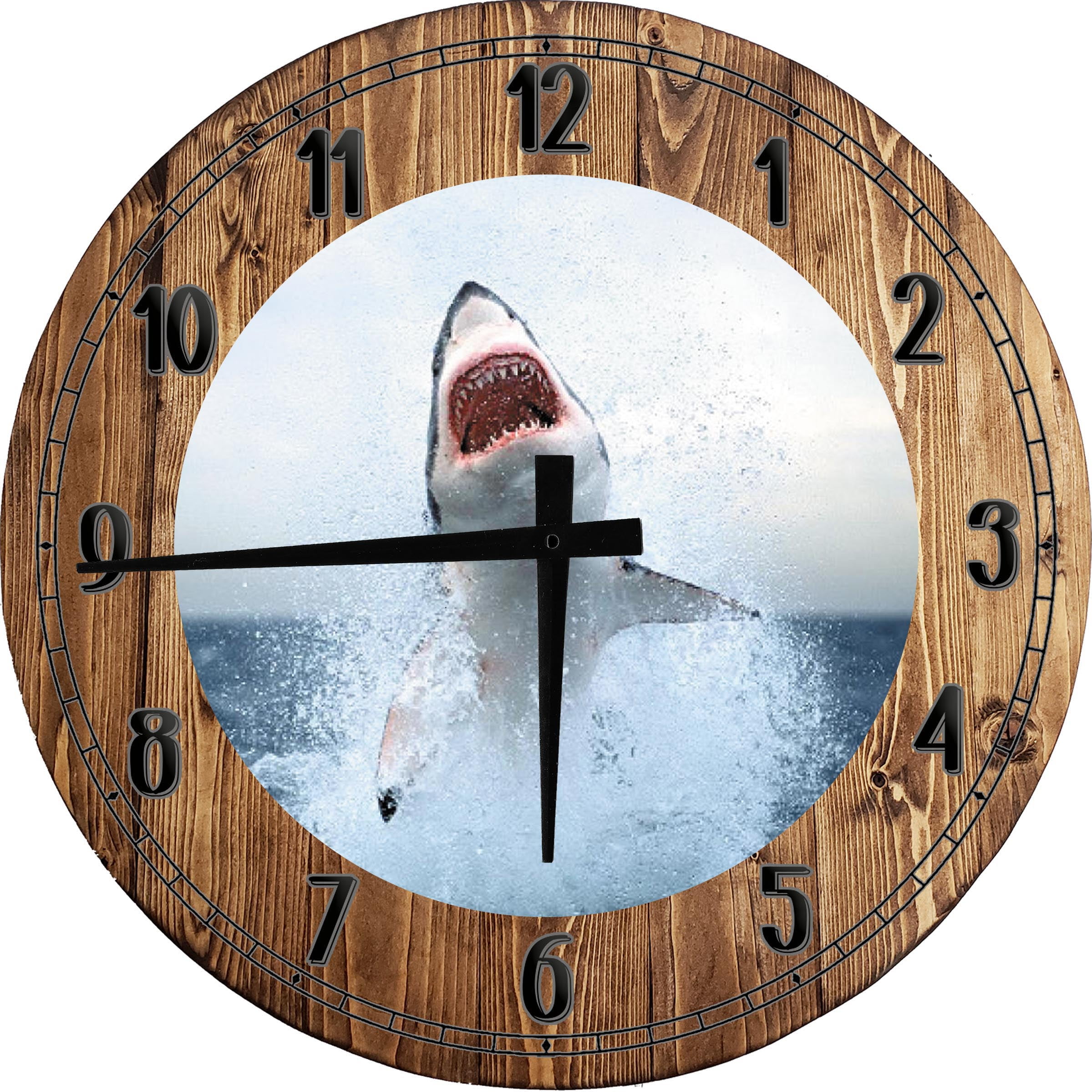 Large Wood Wall Clock 24 Inch Round Shark Wall Art Great White Jaws ...