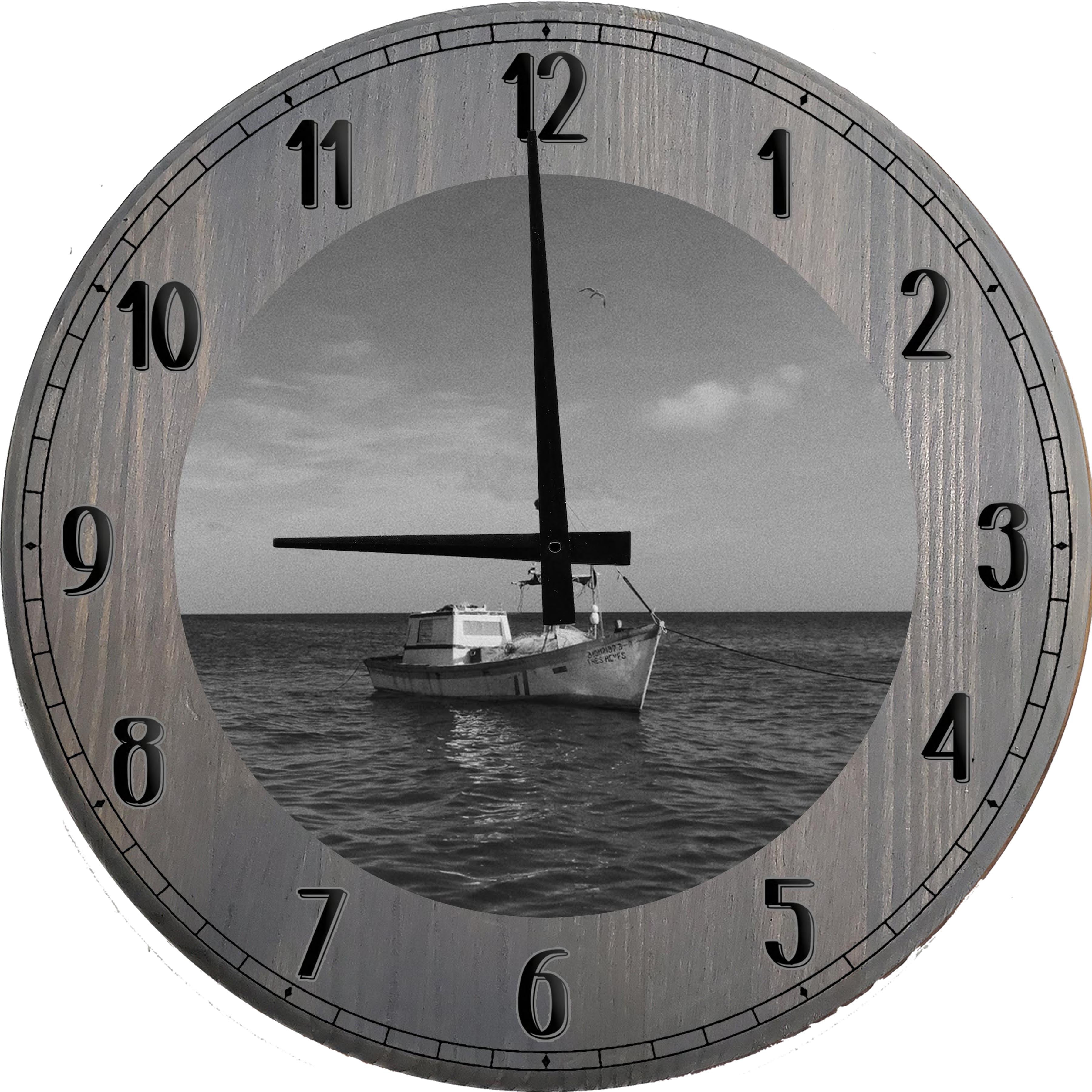 Large Wood Wall Clock 24 Inch Round Vintage Fishing Boat Wall Art Black ...