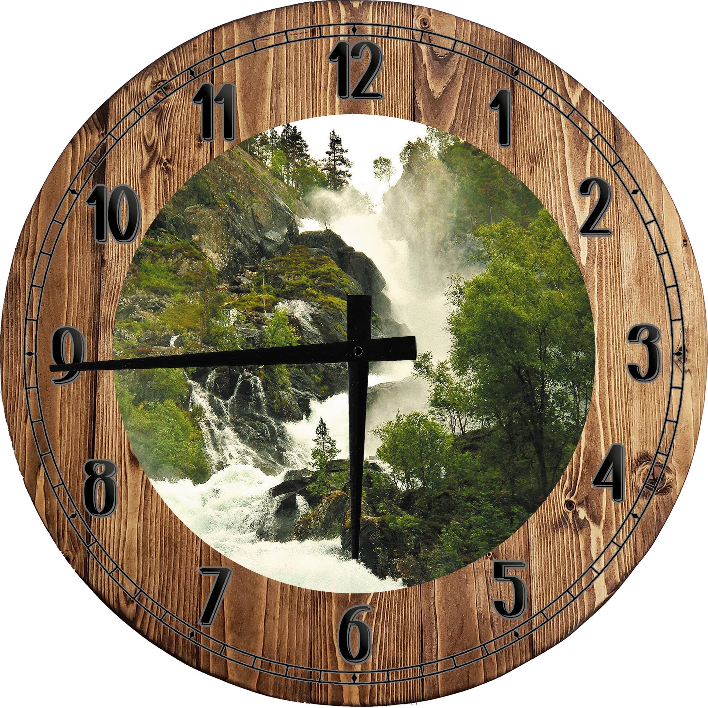 Large Wood Wall Clock 24 Inch Round White Water Waterfall Crashing Thru ...