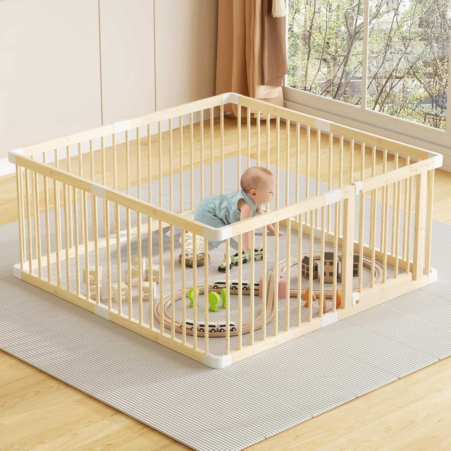 Large Wooden Baby Playpen, Adjustable Gate for Toddler and Babies ...