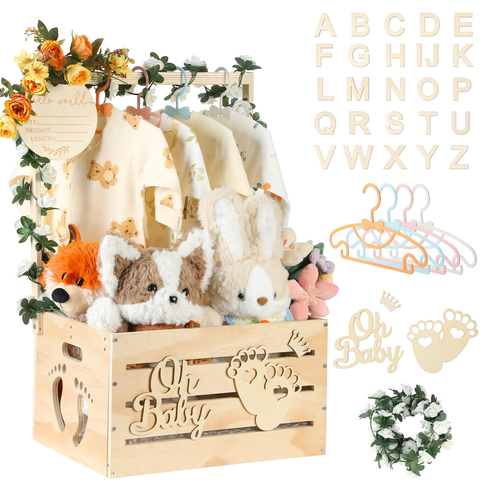 Large Wooden Baby Shower Crate Closet, Customizable Baby Shower Basket With Handle And Garland ...