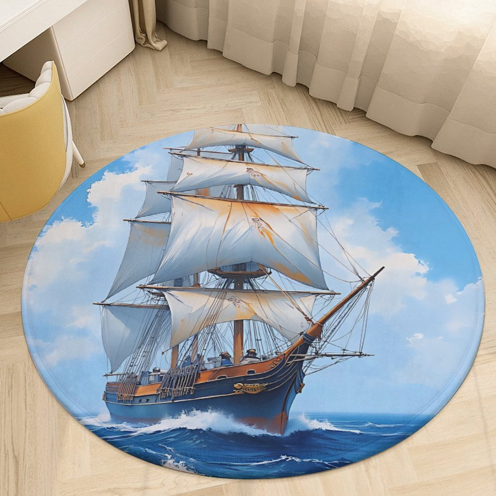 Large Wooden Boat Seagull Ocean Round Area Rugs for Bedroom Living Room, 6FT Soft Indoor Circle ...