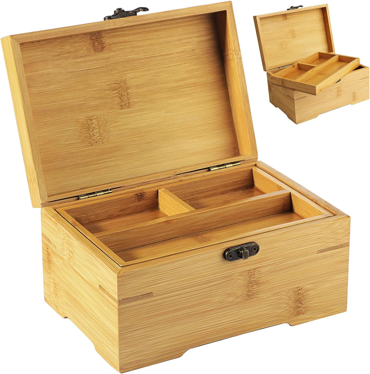 Large Wooden Box with Hinged Lid, Bamboo Wood Multi-purpose Storage Box ...