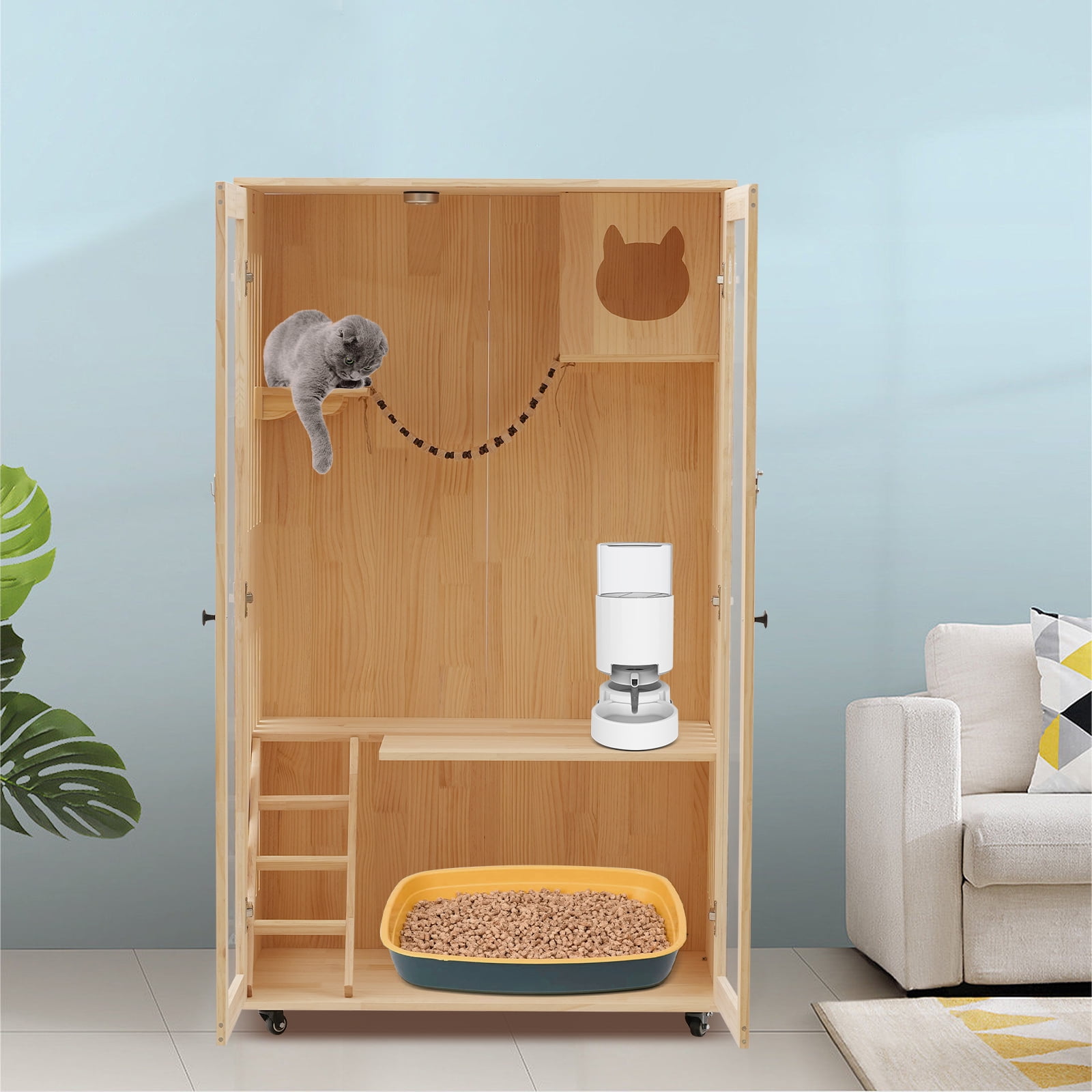 Large Wooden Cat Cage Condo Enclosed Pine Wood Enclosure Cat Shelter 60 ...