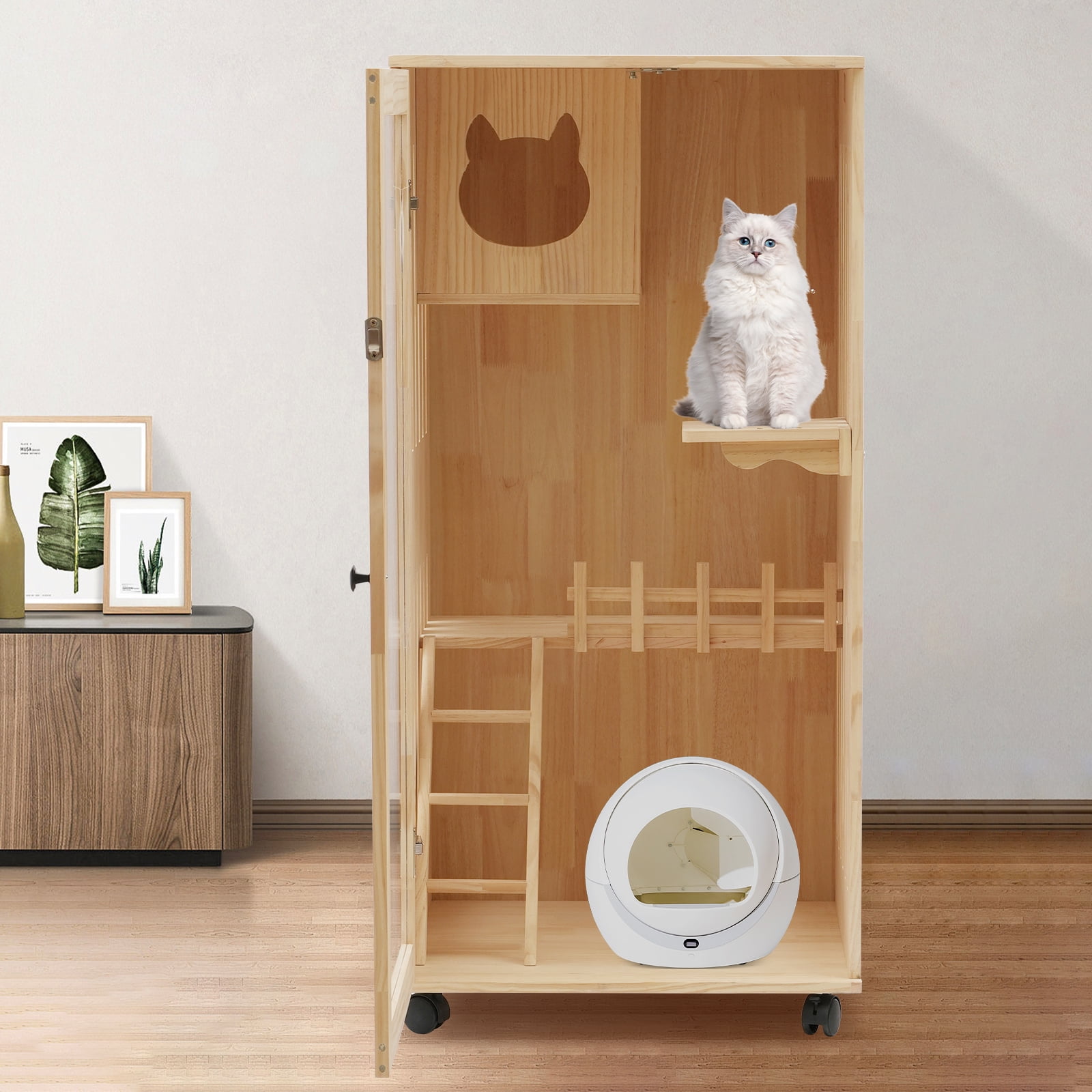 Large Wooden Cat House for Outdoor and Indoor Cats,Luxury Multi-Feature ...