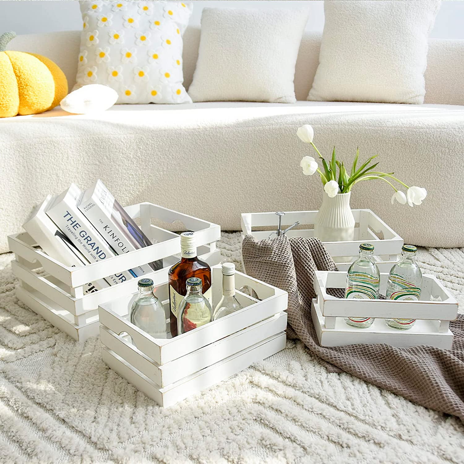 Large Wooden Crates Set of 4 Decorative Storage Box with Handles ...