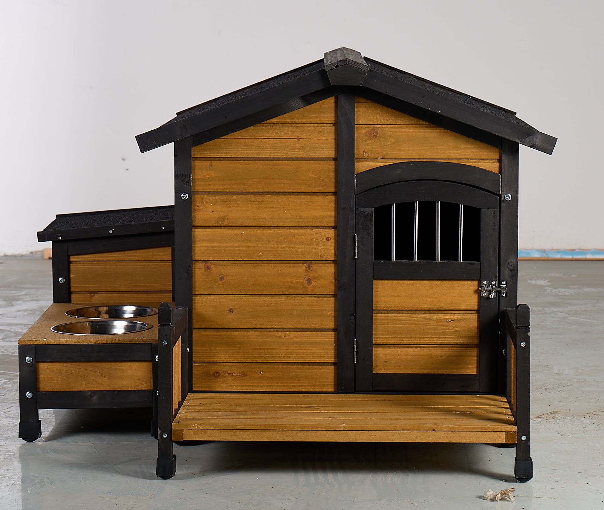 Large Wooden Dog House with Storage Box and Feeding Station, Outdoor ...