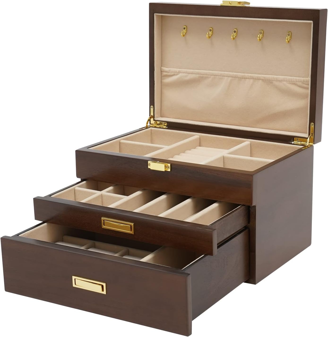 Large Wooden Jewelry Storage Box 3 Layers Organizer 2 Drawers Cabinet ...