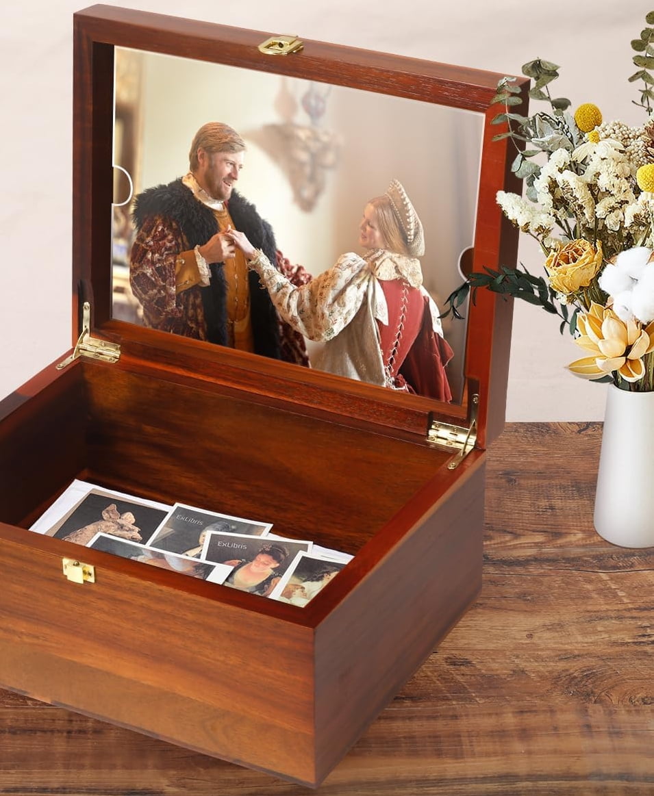 Large Wooden Keepsake Box with Hinged Lid and Photo Frame - Elegant ...