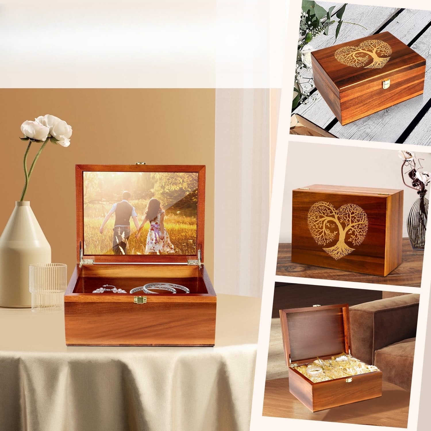 Large Wooden Keepsake Box with Hinged Lid and Photo Frame - Elegant ...