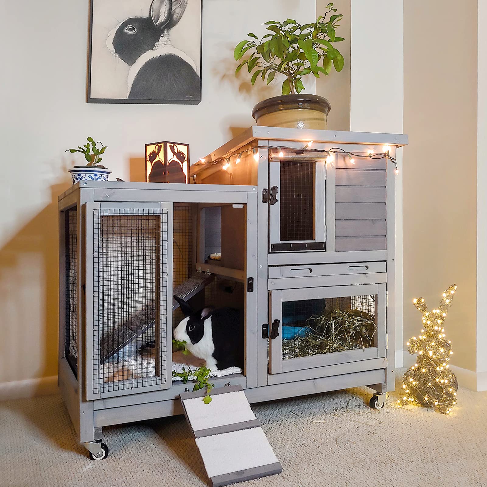 Large Wooden Rabbit Hutch Bunny Cage with Wheels, Two Removable Trays ...